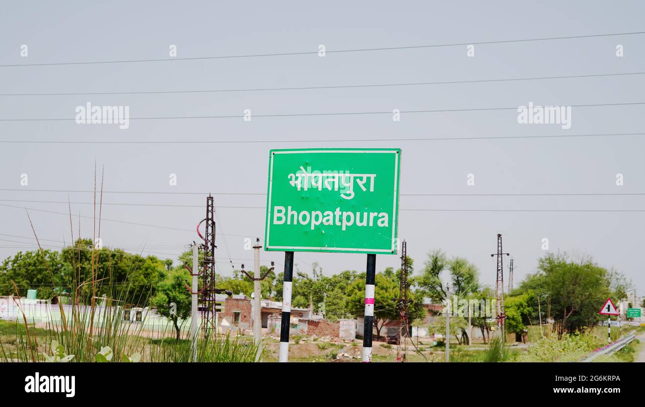 07 July 2021- Reengus, Sikar, India. Sign Board of with written text ...