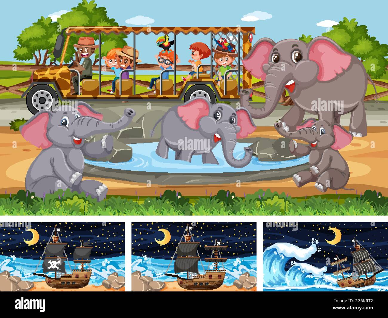 Set of different scenes with pirate ship at the sea and animals in the ...