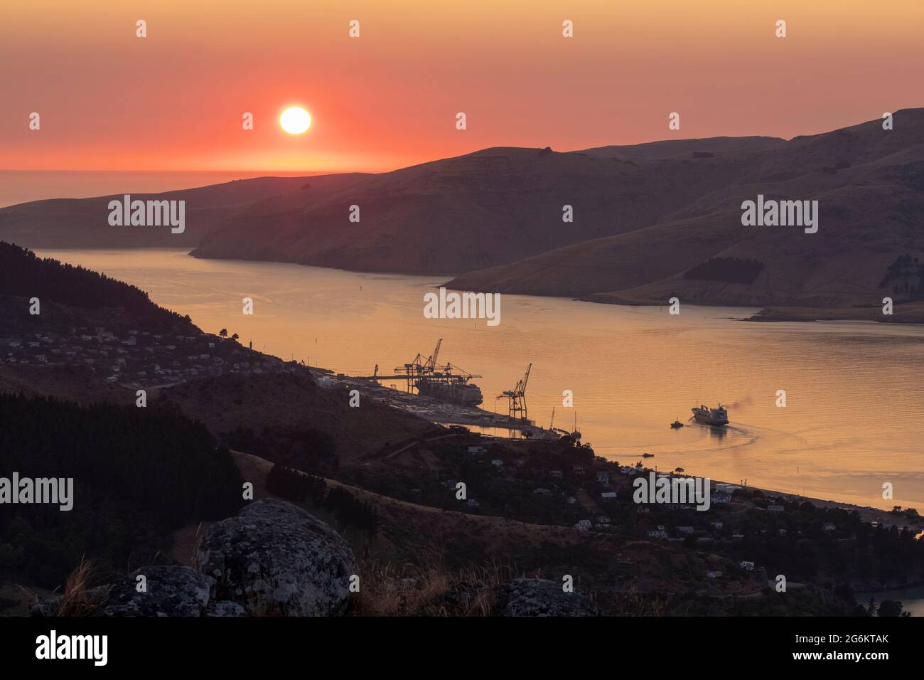 Sunrise over Porthills, Christchurch, Aotearoa New Zealand. The Port ...