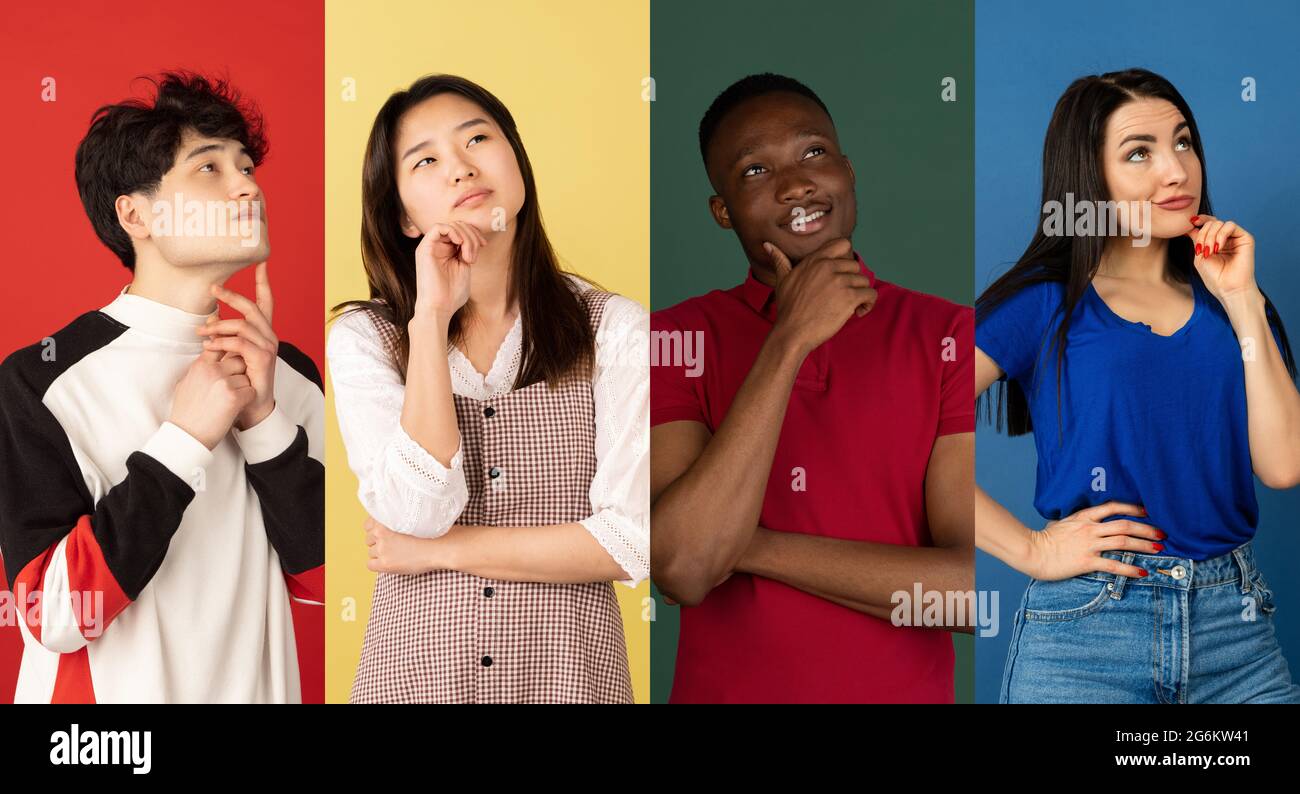 Portraits of group of people on multicolored background, collage ...