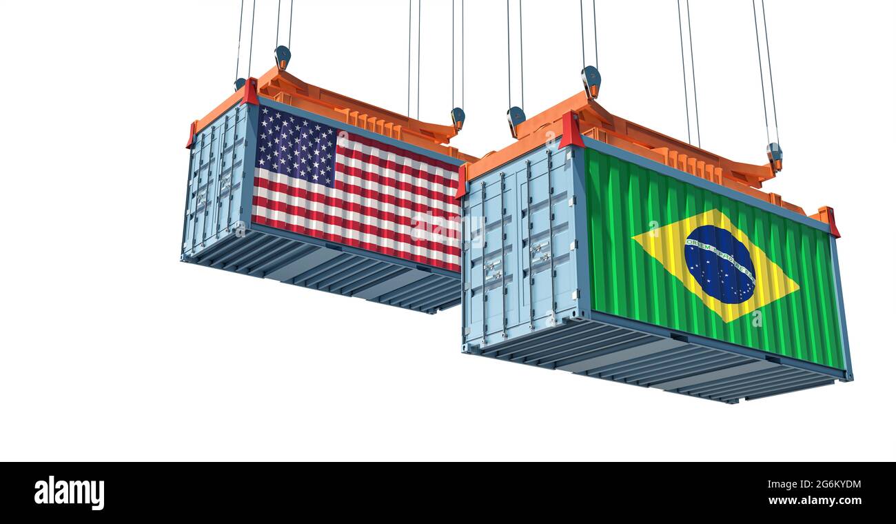 Container Terminal. Two cargo Container with Brazil and USA flags. 3D ...