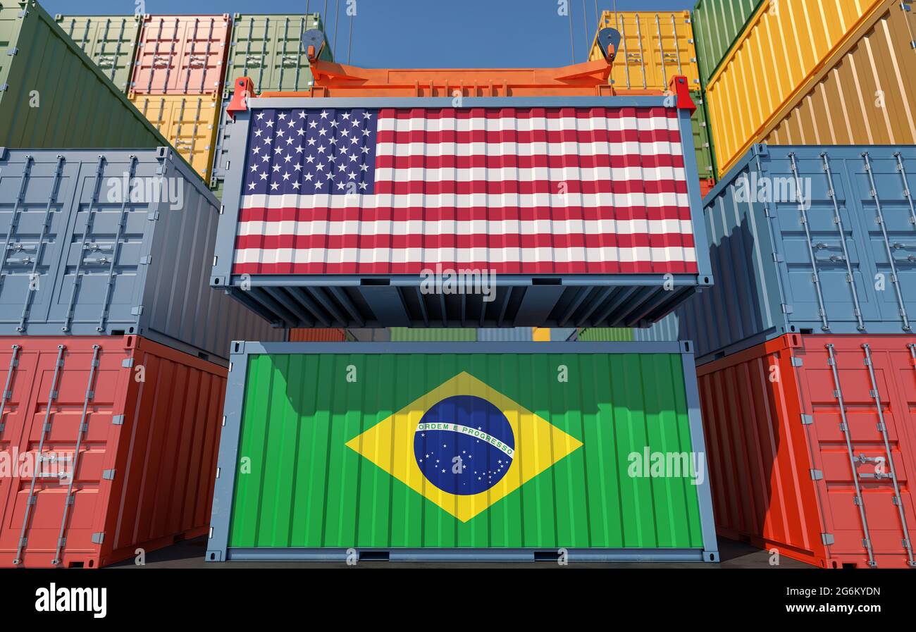Container Terminal. Two cargo Container with Brazil and USA flags. 3D ...