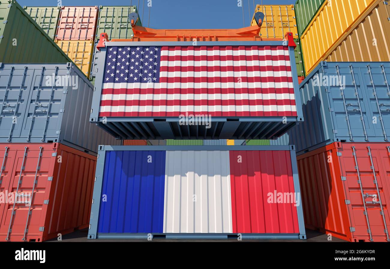 Container Terminal. Two cargo Container with France and USA flags. 3D ...