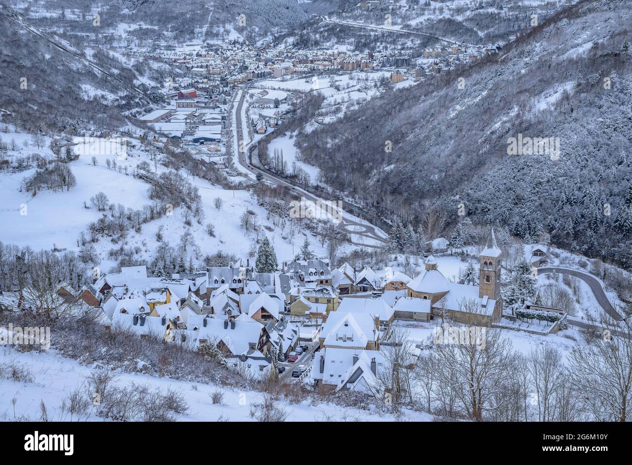 Sunrise over Vielha and Mijaran seen from the village of Mont, after a ...