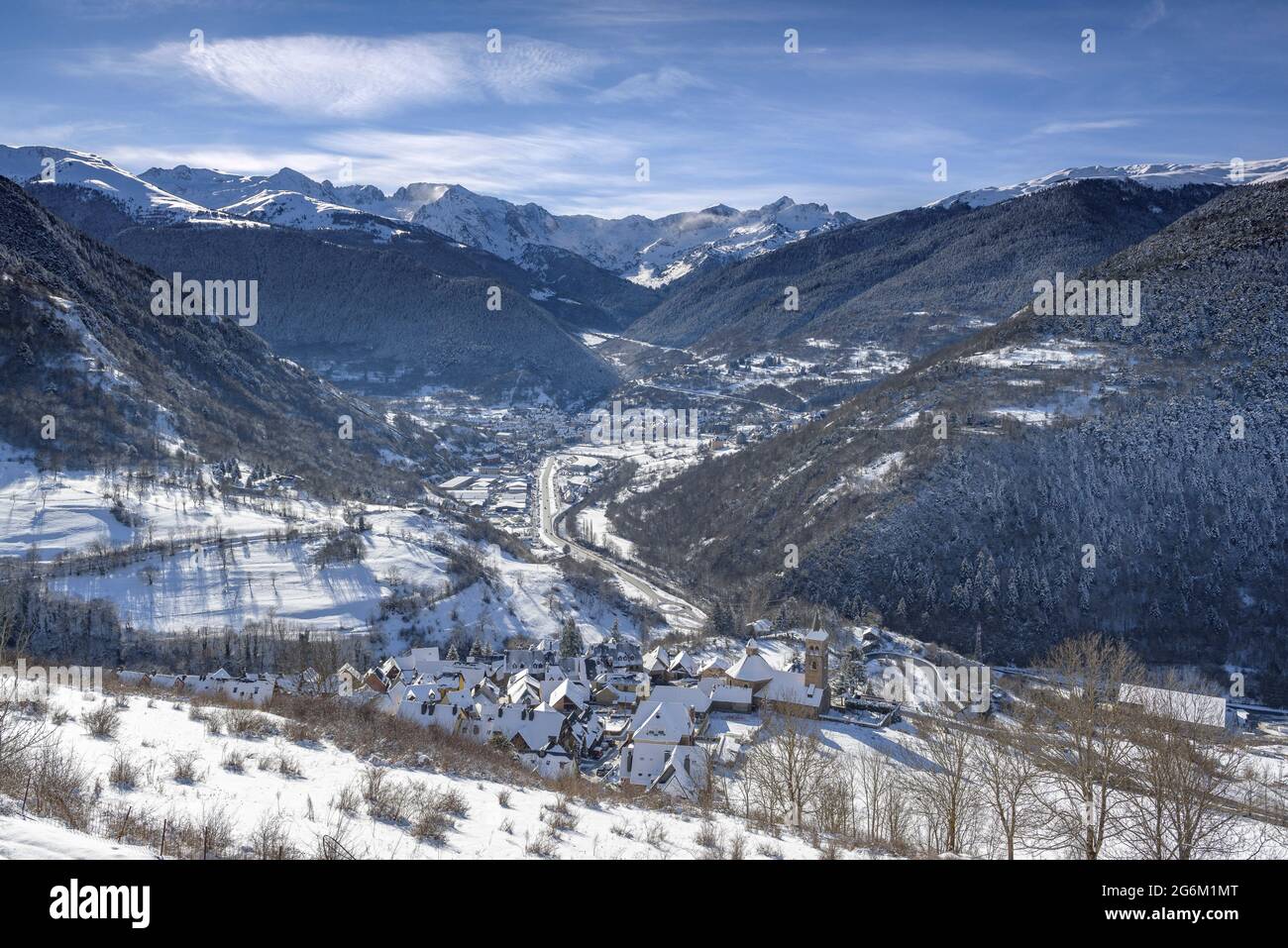 Vielha and Mijaran valley seen from the village of Mont, after a winter ...