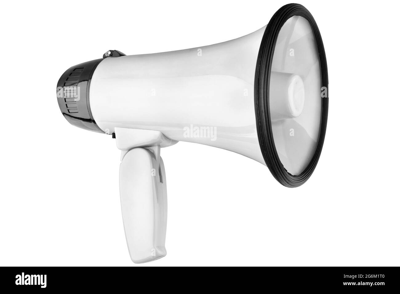 Black-white megaphone white background isolated closeup, loudspeaker ...