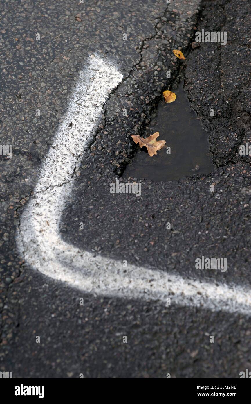roadside pothole marked for repair with autumn leaves in puddle Stock ...