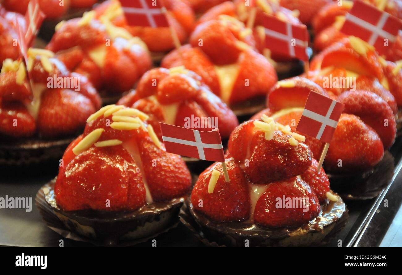 Copenhagen, Denmark. 07 July 2021,Strawberryc akes decorated with ...