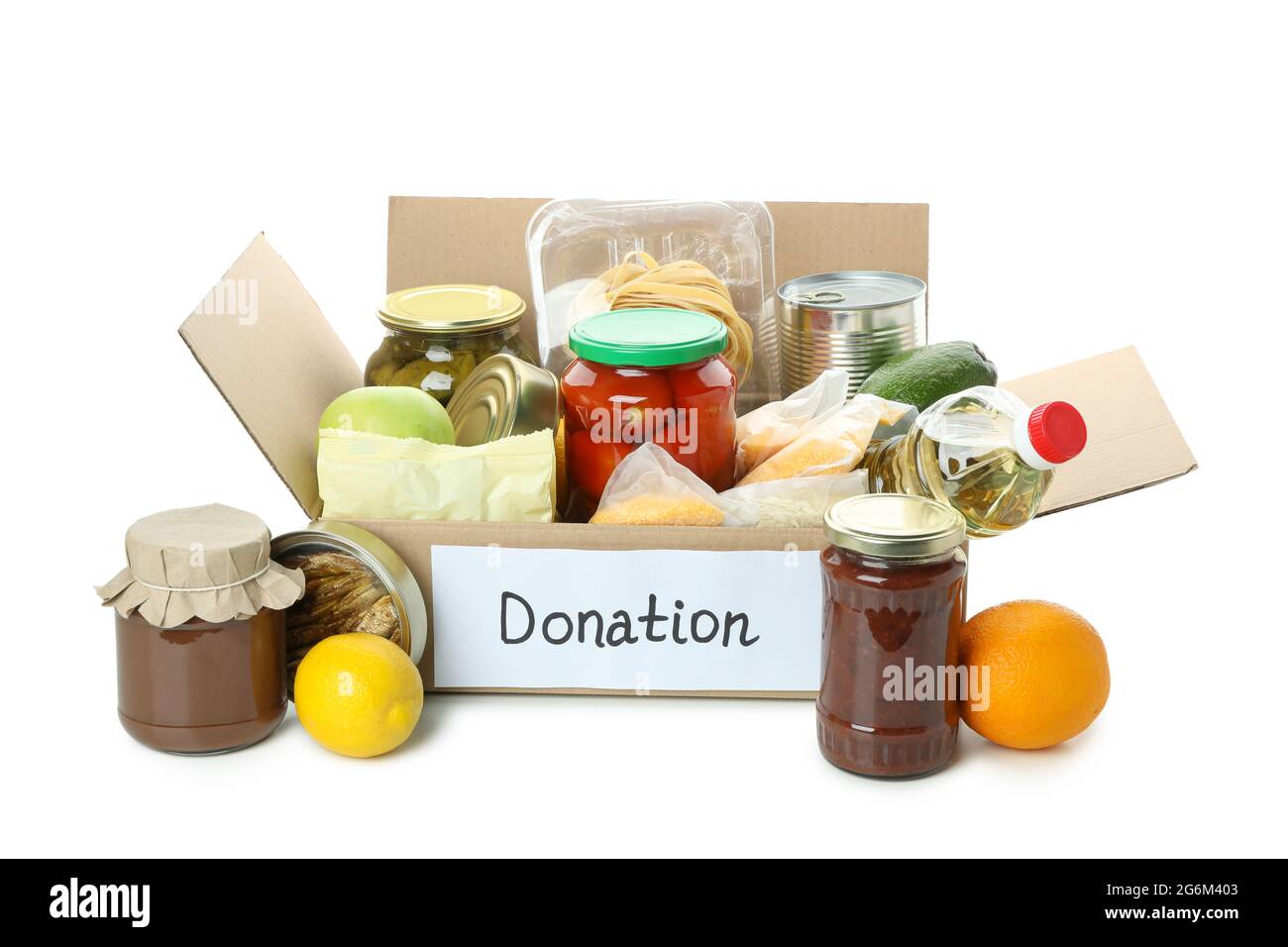 Donation box with food isolated on white background Stock Photo - Alamy