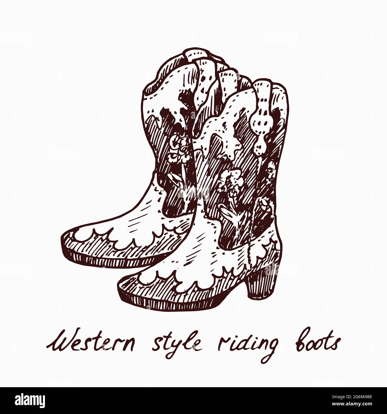 Western style riding boots, woodcutstyle ink drawing illustration with ...
