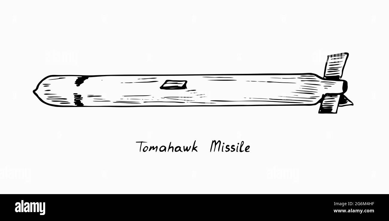 Tomohawk missile, woodcut style ink drawing illustration with ...
