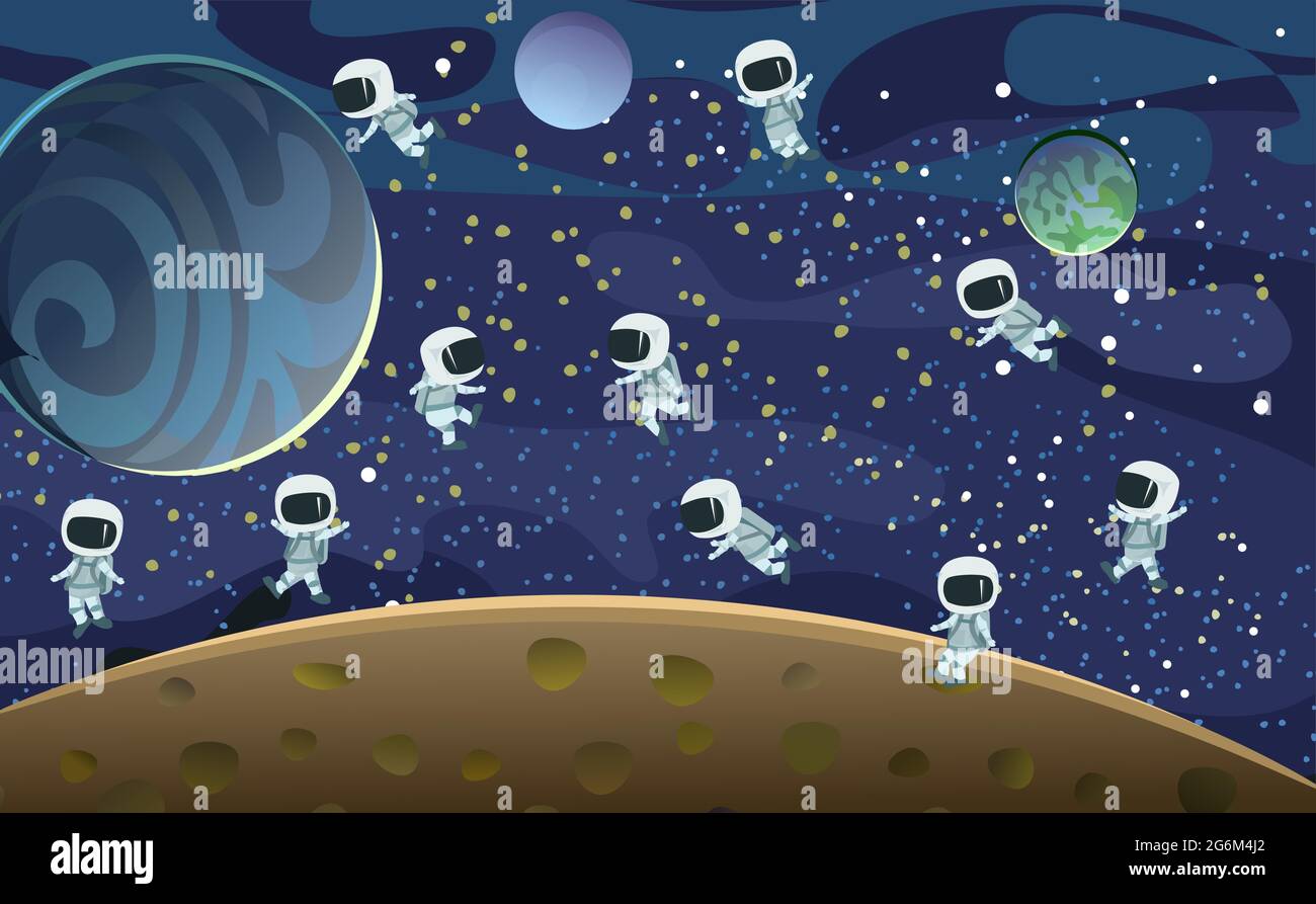 Astronauts in spacesuits. Cosmos background. Planets. Childrens ...