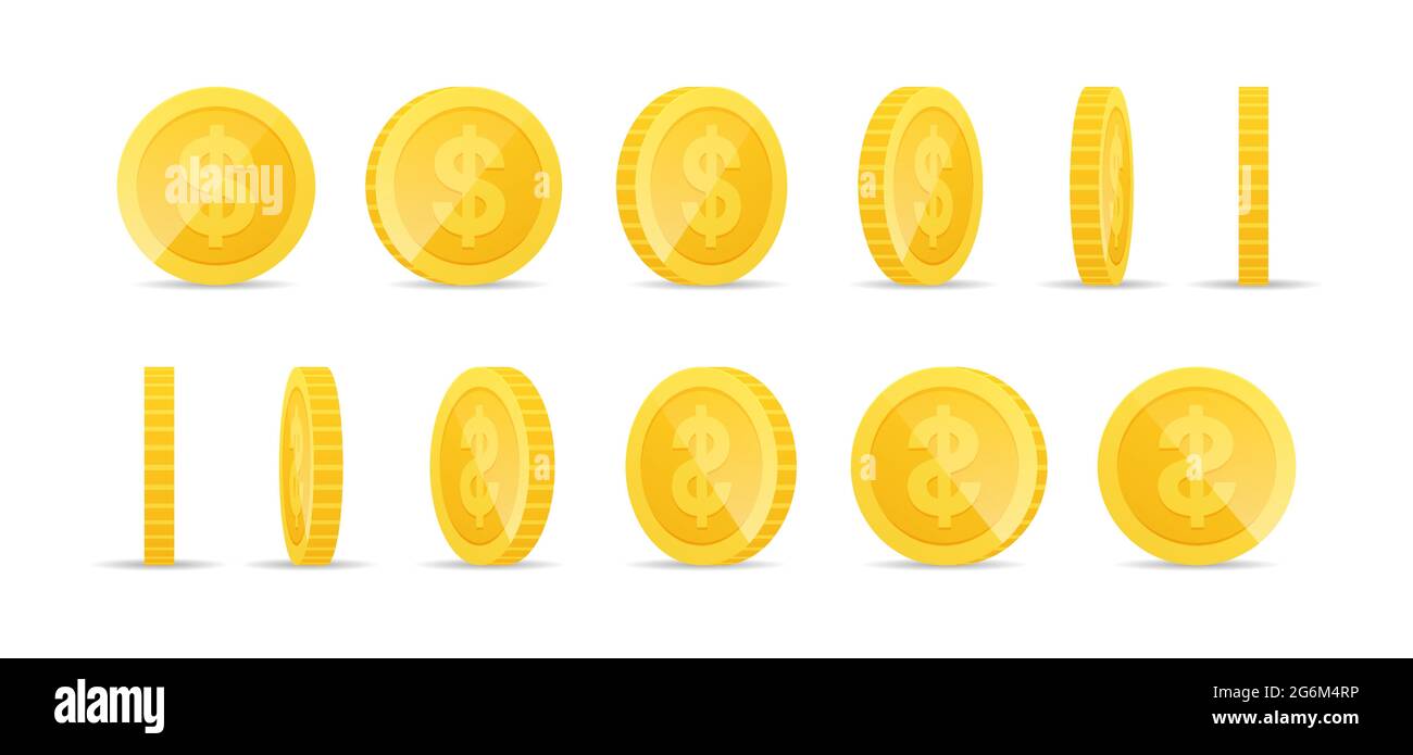 Gold coins in different positions. Set of rotating gold coins. Golden ...