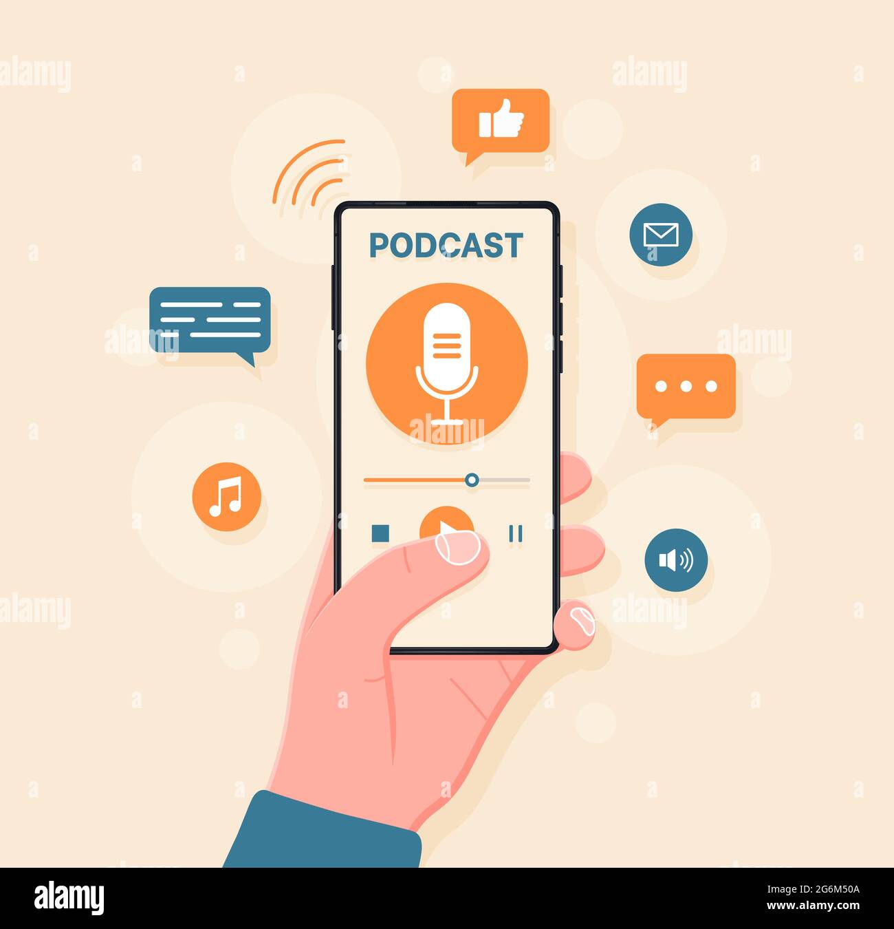 Online podcasting show, radio. Hand holding a smartphone with an ...