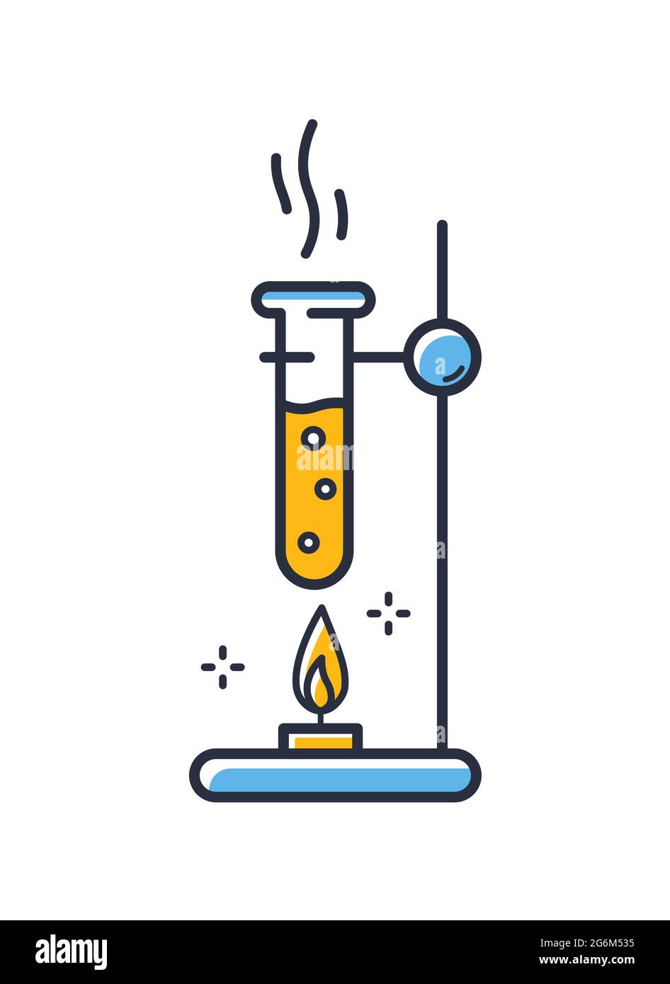 Chemical reaction icon. Flask, test tube is heated above the fire ...