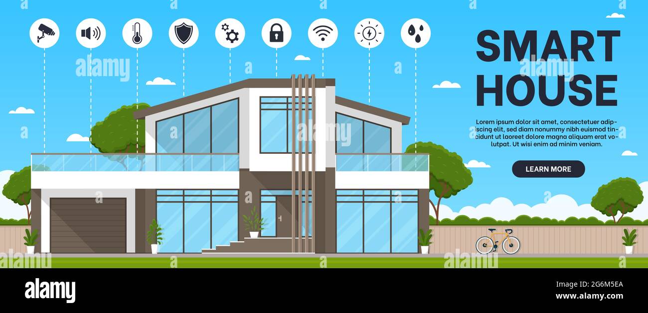 Smart house concept banner. Modern construction and technology ...