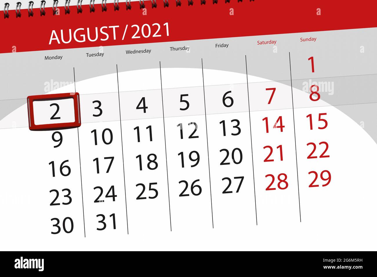 Calendar planner for the month august 2021, deadline day, 2, monday ...