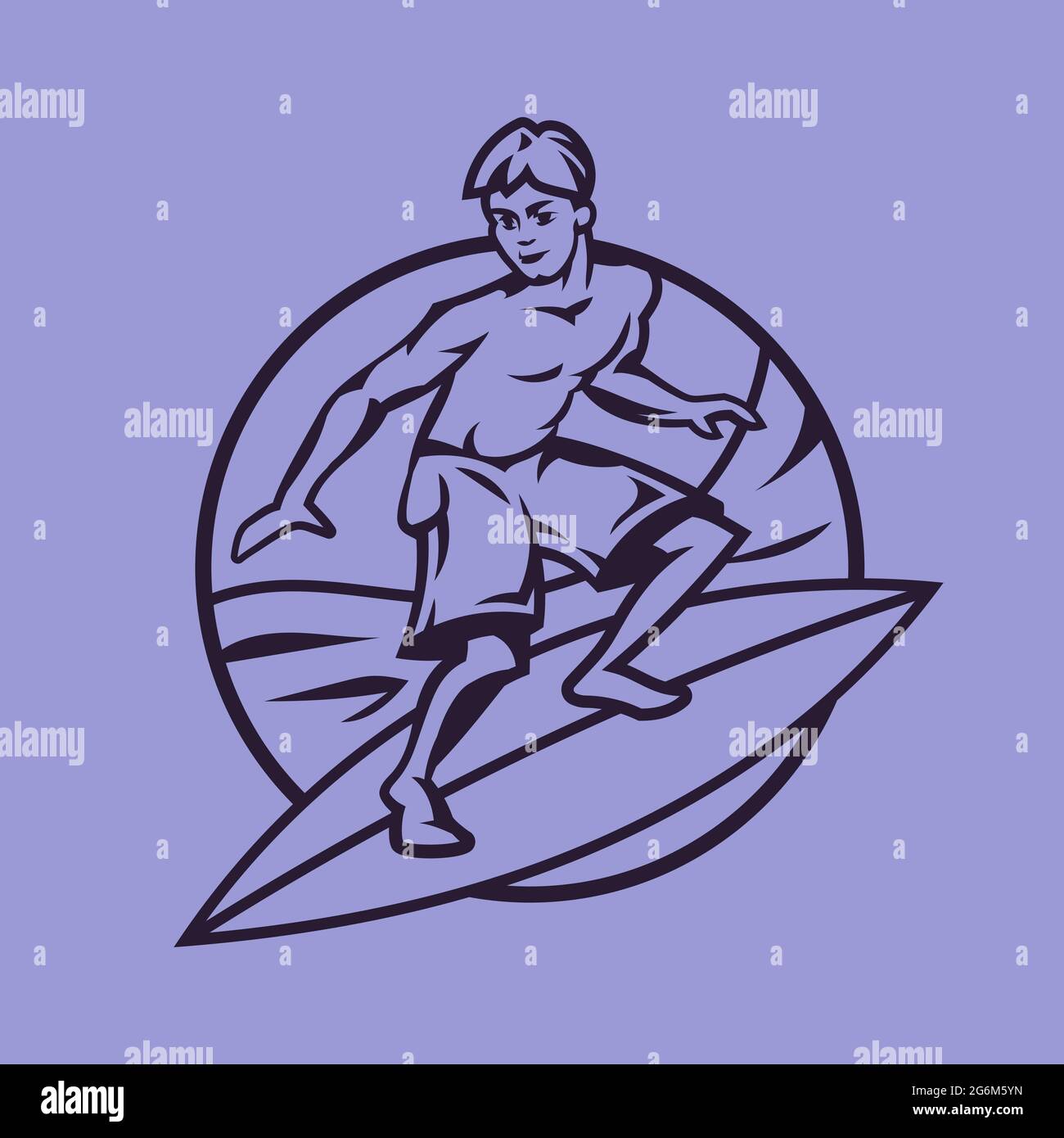 Man standing on surfboard. Surfing concept art in monochrome style ...