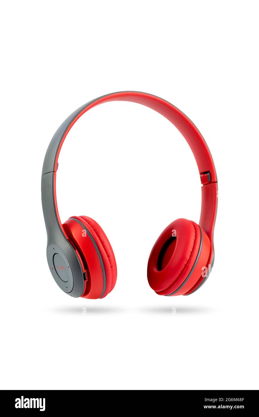 Modern design of red color wireless earphones isolated on white ...