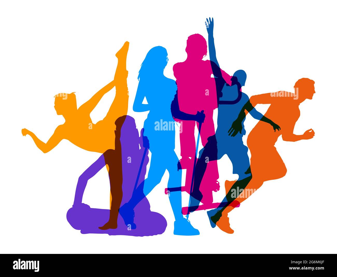 Silhouettes of many different active people doing sports as a fitness ...