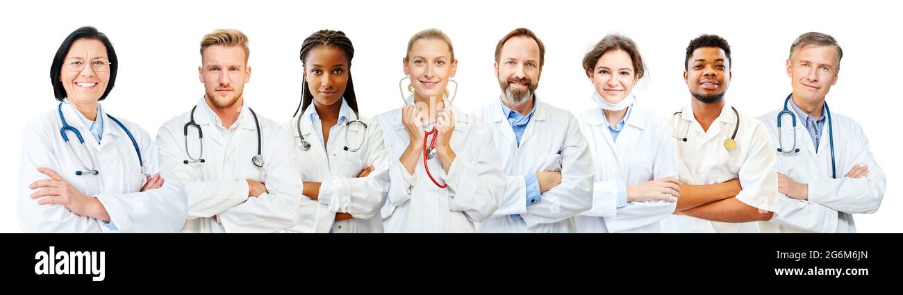 Panorama with international doctors team of different ages as a study ...