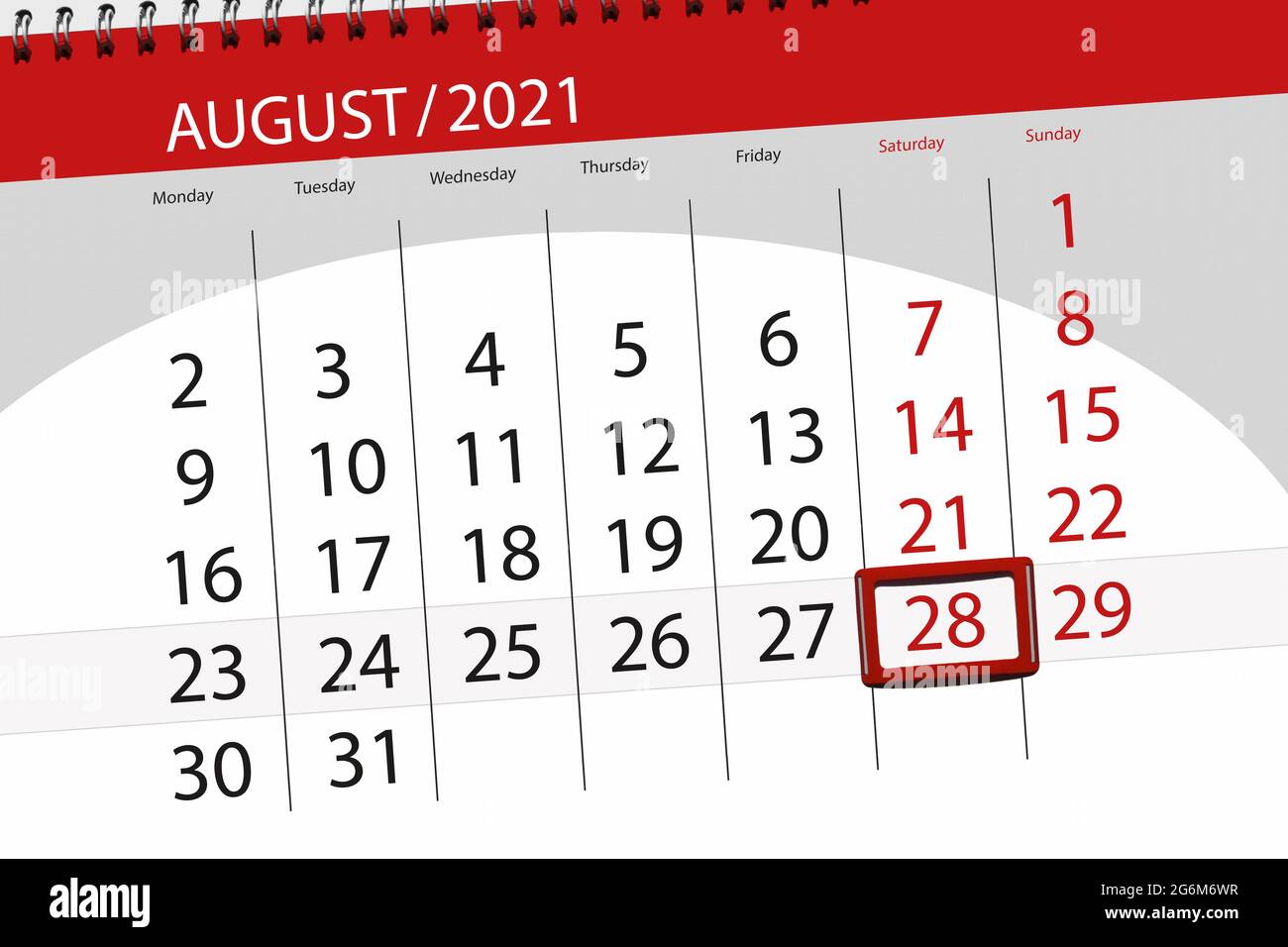 Calendar planner for the month august 2021, deadline day, 28, saturday ...