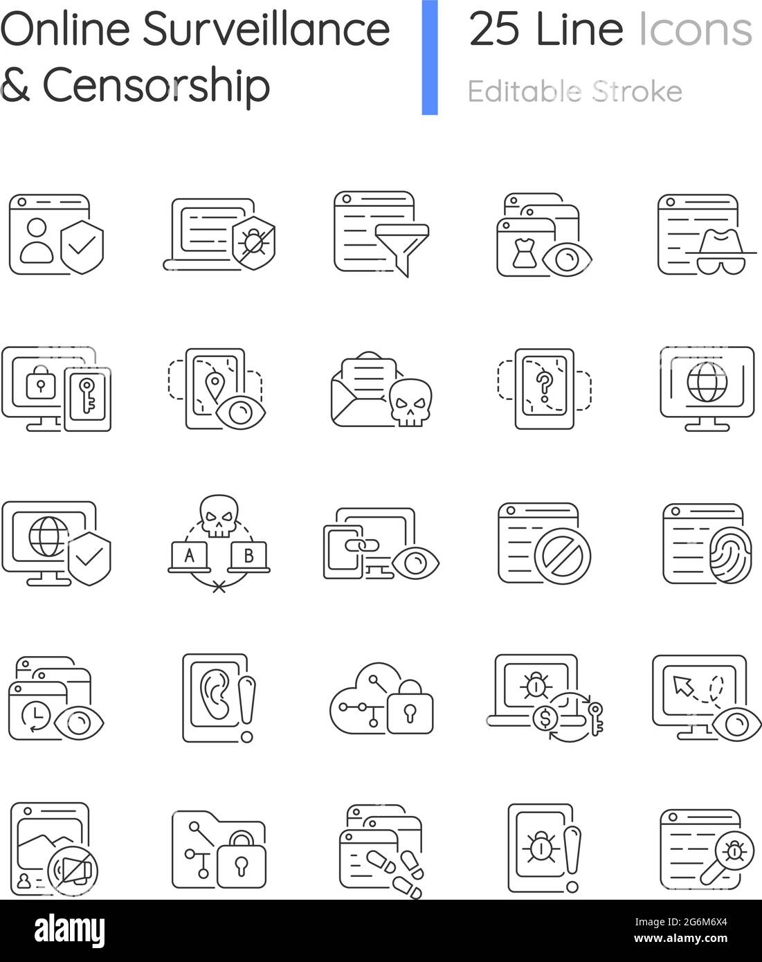 Online surveillance and censorship linear icons set Stock Vector Image ...
