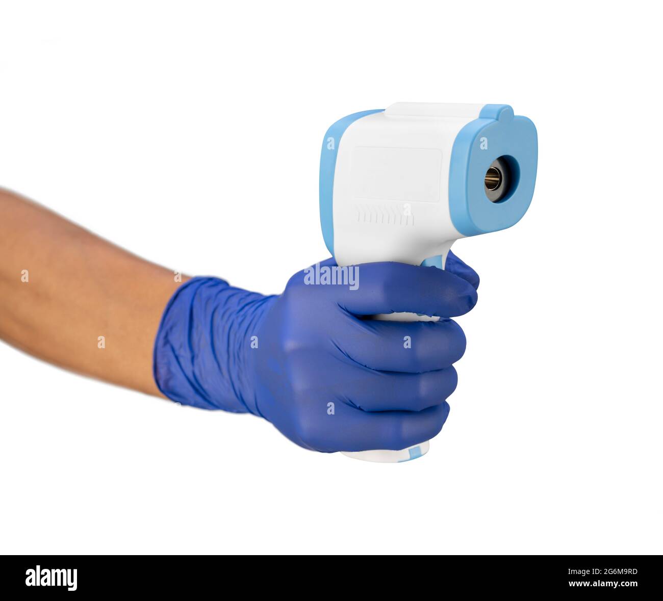 Digital non contact wireless infrared thermometer on hand isolated on ...