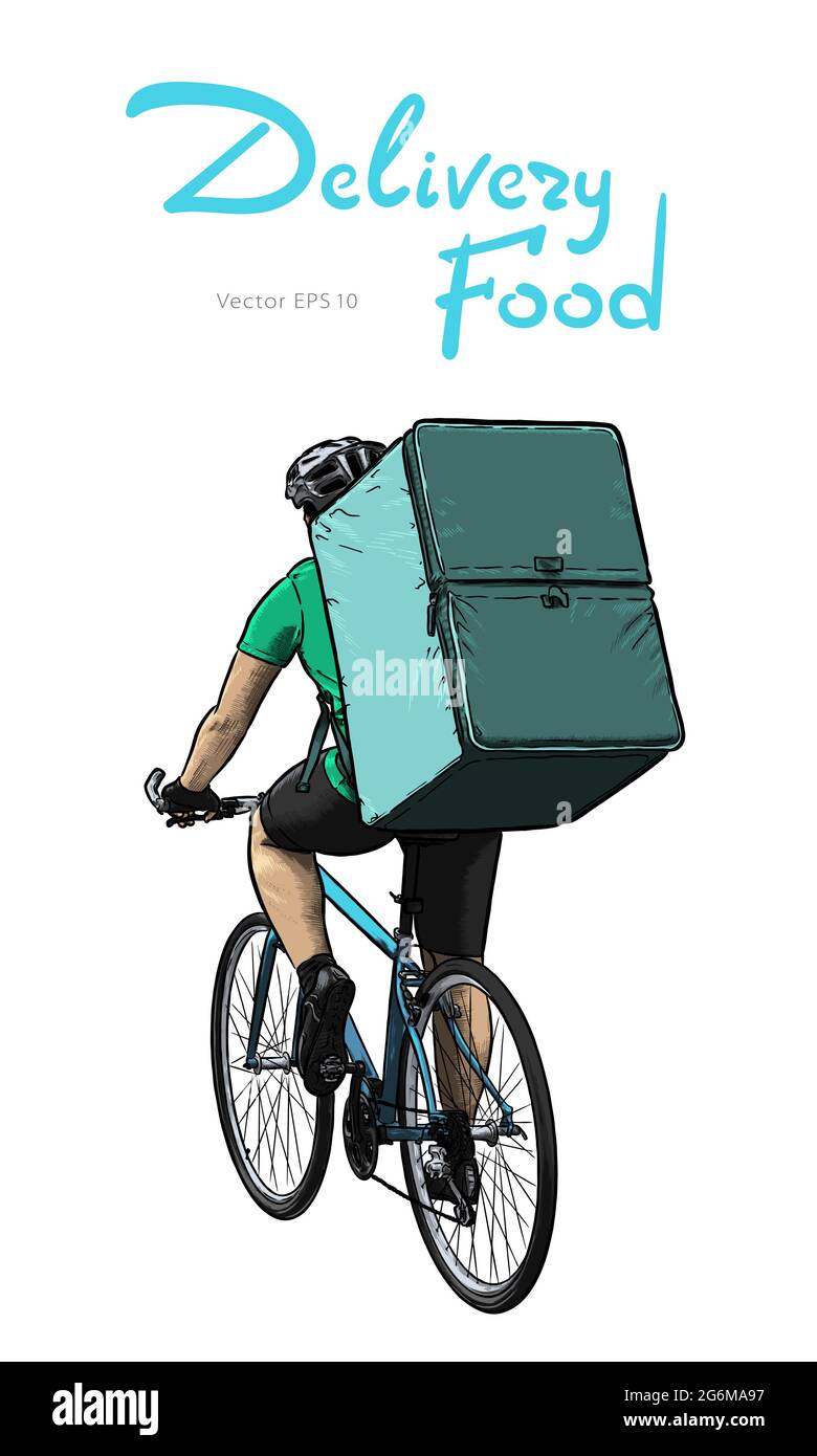 Young man riding bicycle in delivery food service hand drawn vector ...