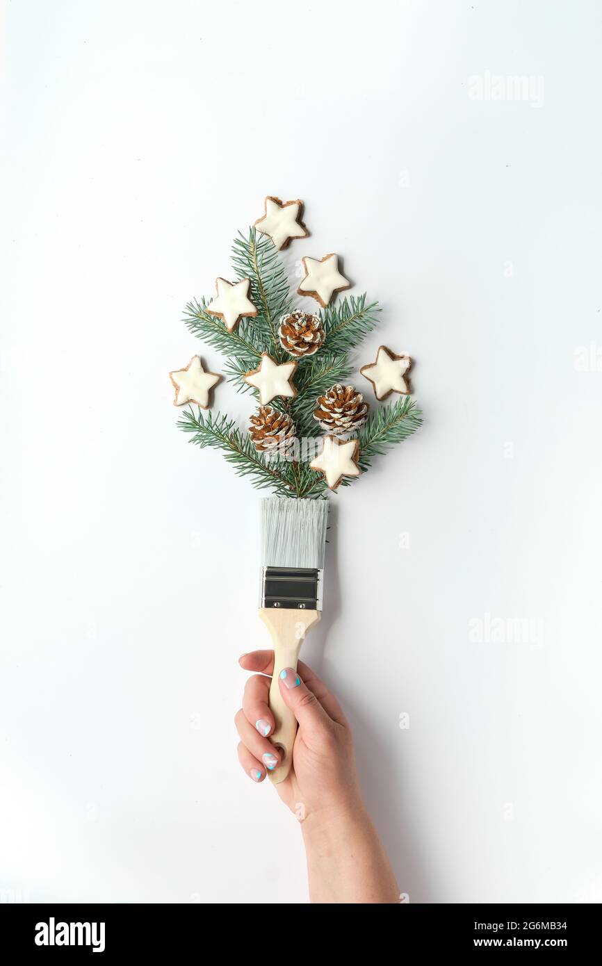 Brush with Christmas tree twigs, natural fir decorated with pine cones ...