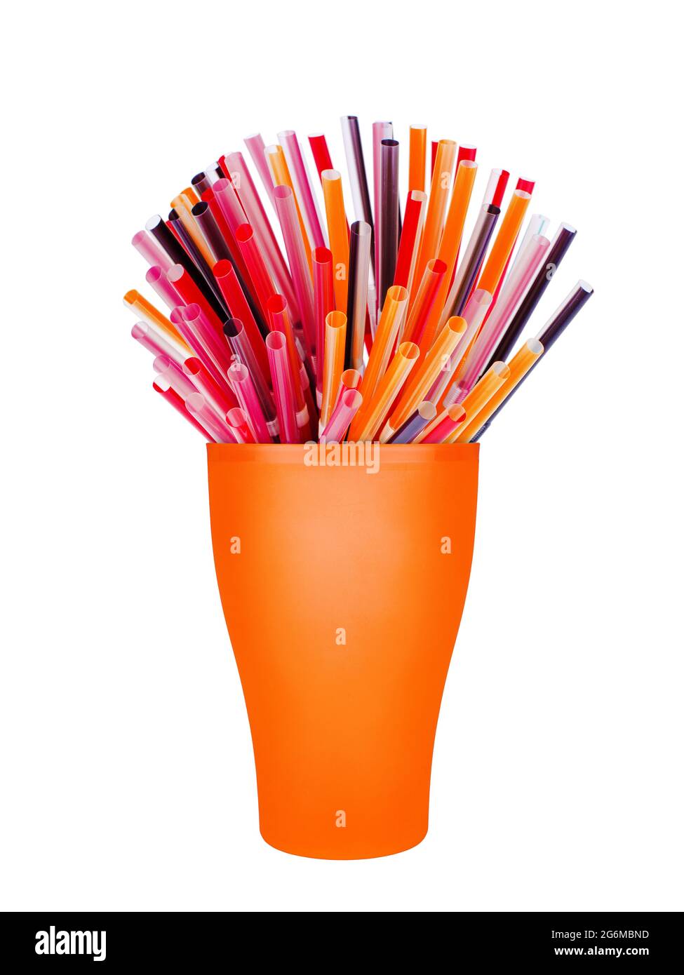 Colorful plastic straws in cup white background isolated closeup ...