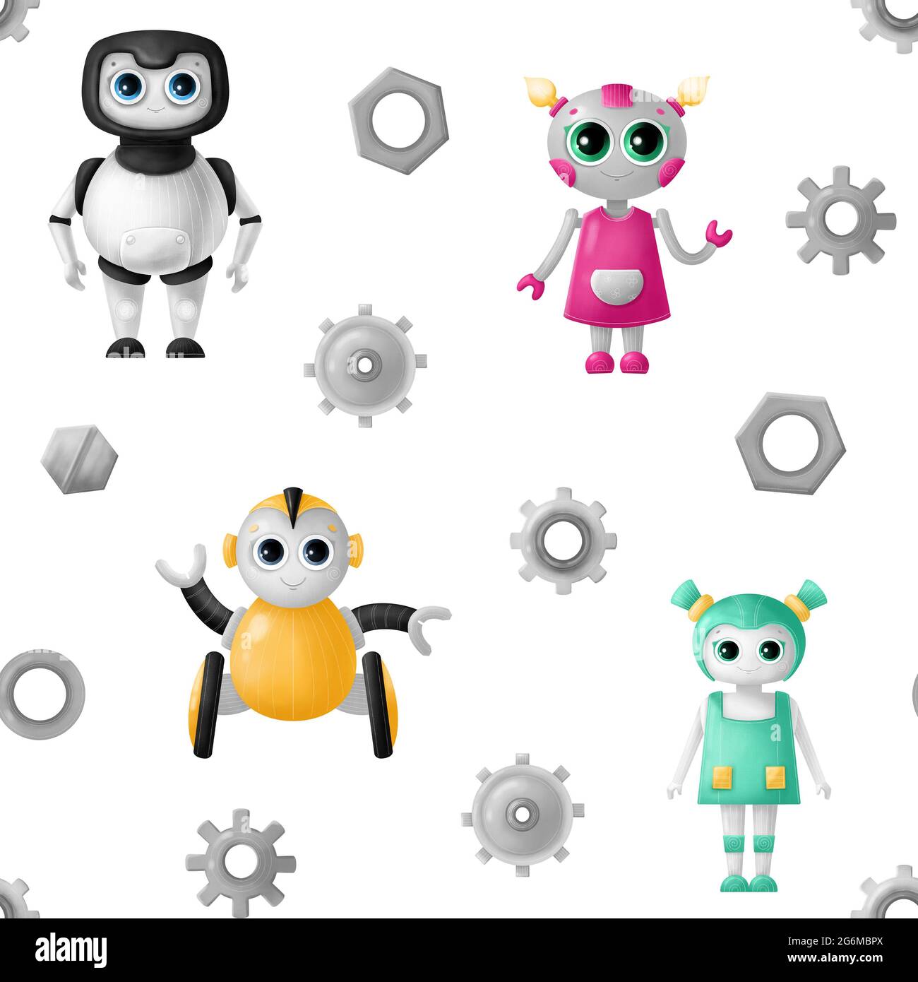 Seamless pattern with cute robots. Robots with big eyes, girl, boy ...
