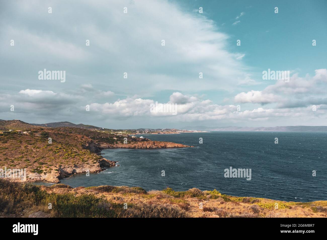 Rocky cliffs, sea shore line landscape near Athens. View from Cape ...