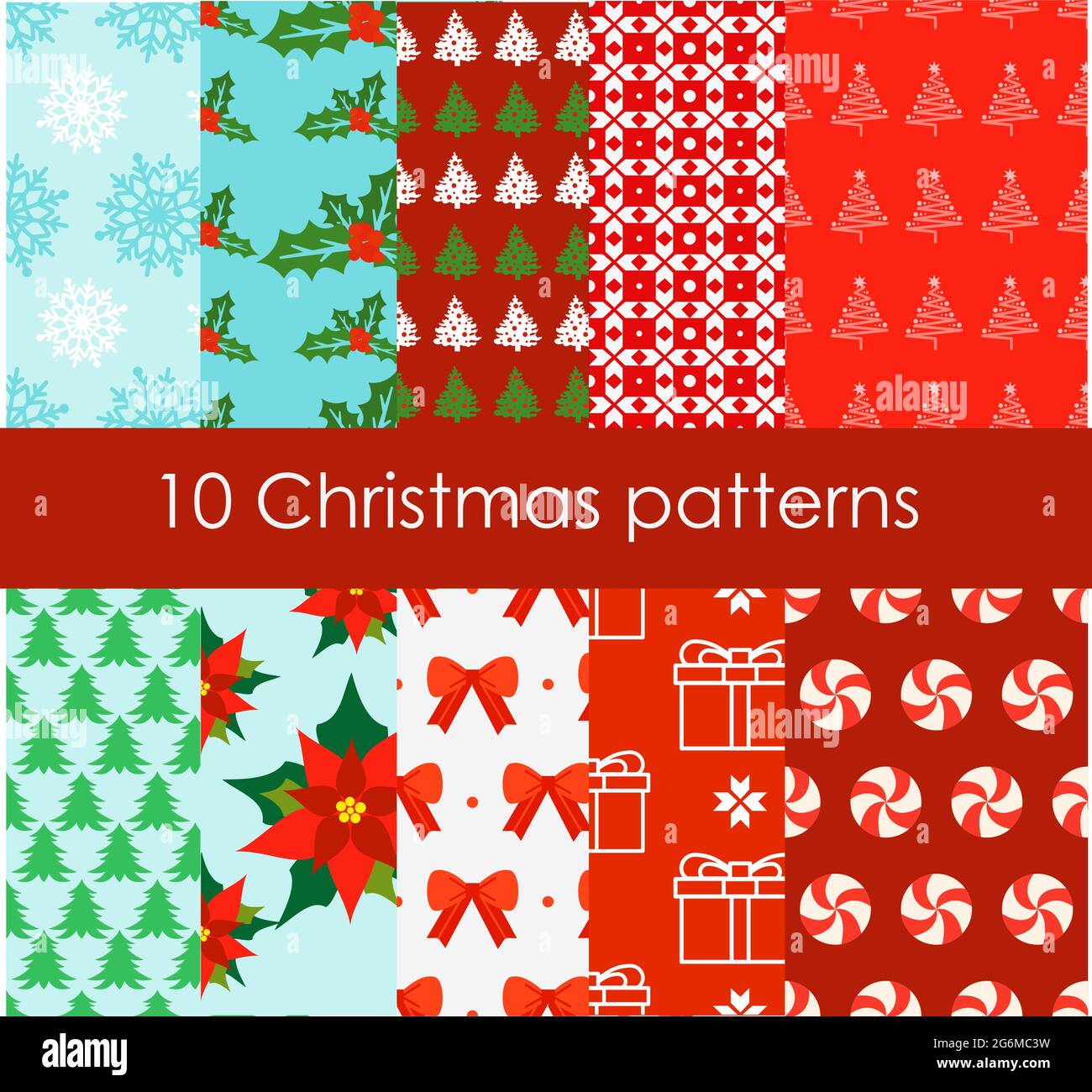 Vector illustration of set of 10 bright and fun Christmas Patterns in ...