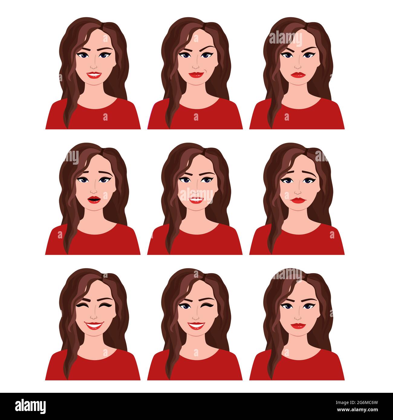Vector illustration of woman with different facial expressions set ...