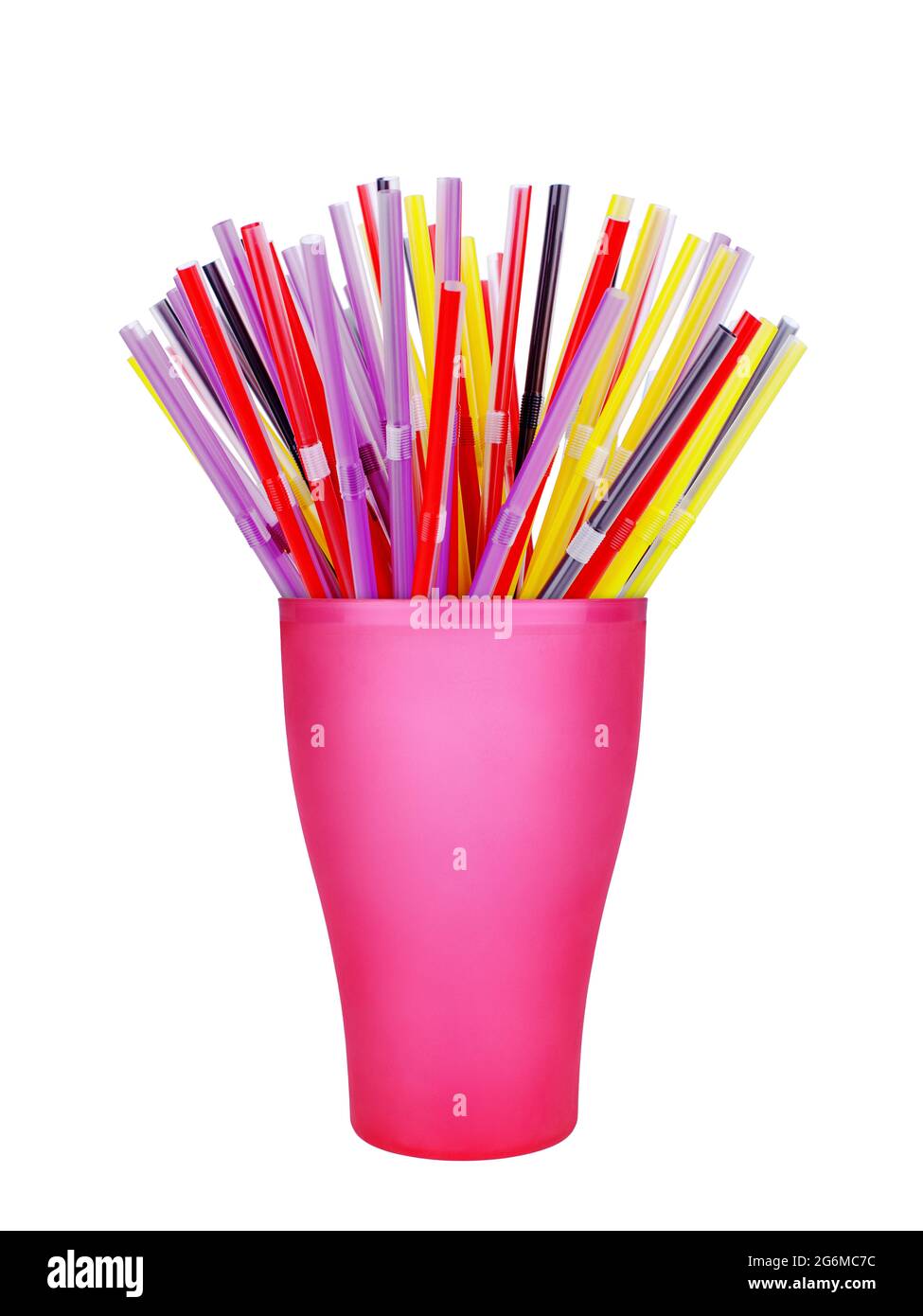 Colorful plastic straws in cup white background isolated closeup ...