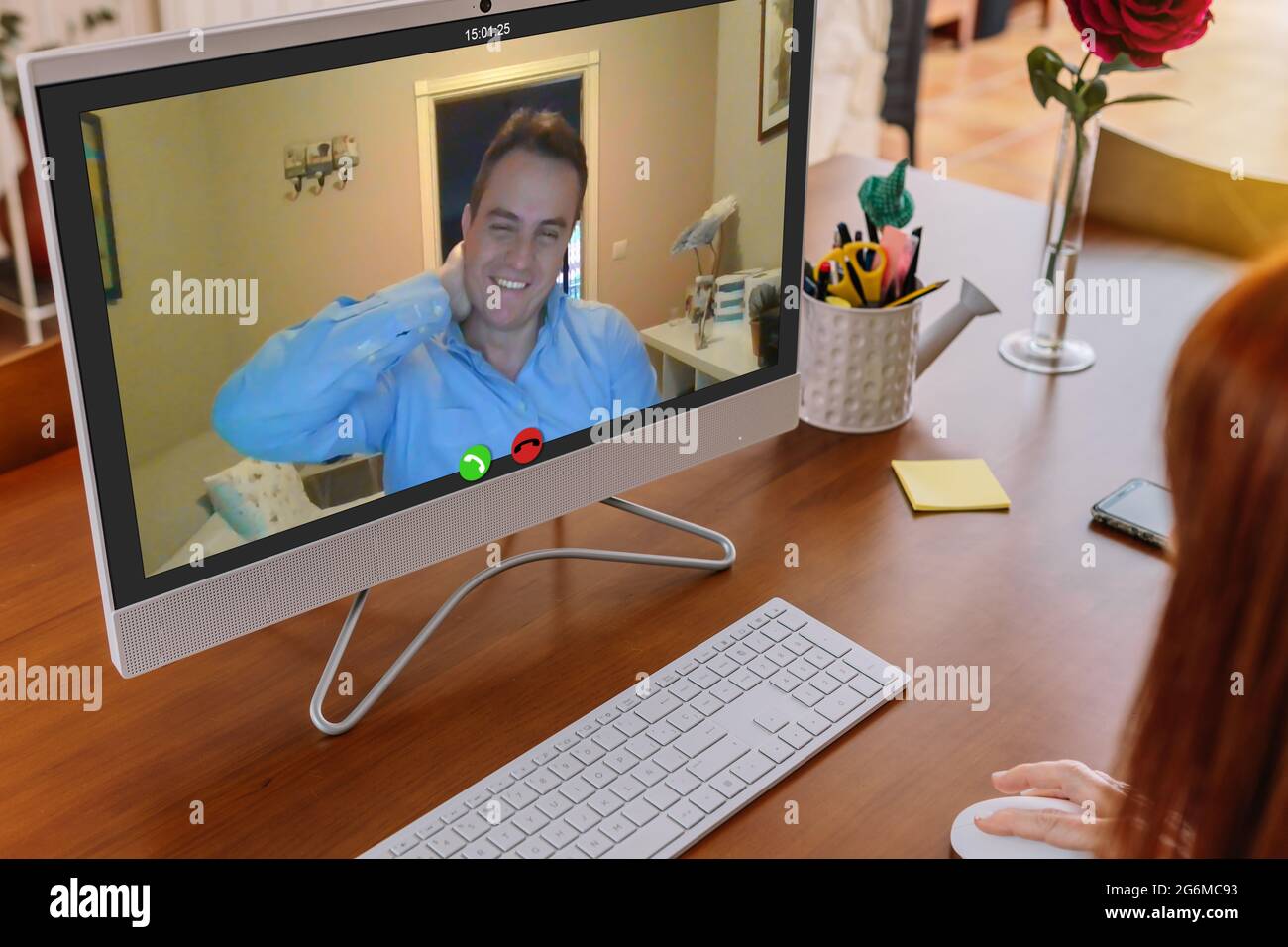 Members of teamwork making a video call at home. Selective focus Stock ...