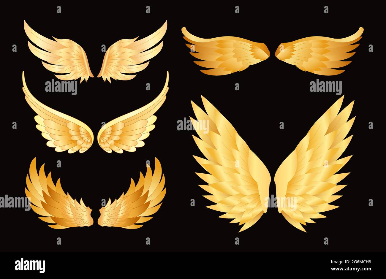 Vector illustration set of different golden wings on black background ...
