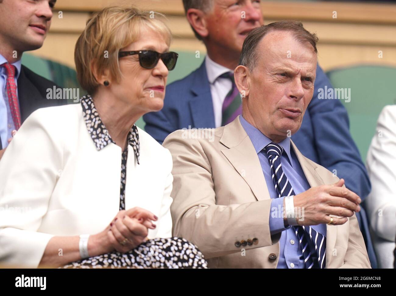 Andrew Marr and wife Jackie Ashley in centre court on day nine of ...