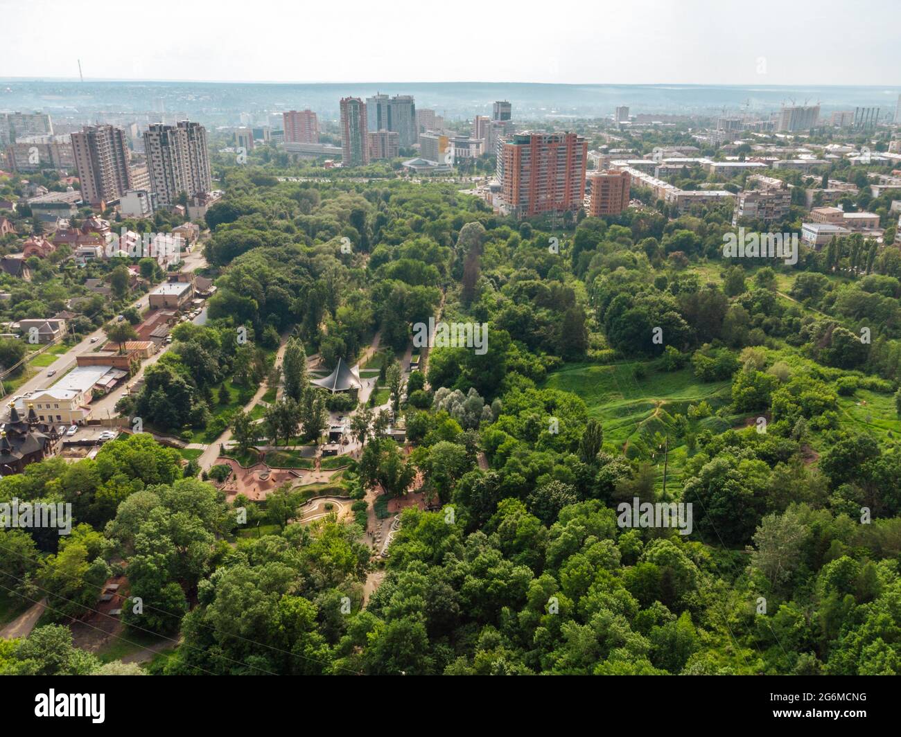 Aerial view Kharkiv city center popular recreation park Sarzhyn Yar ...