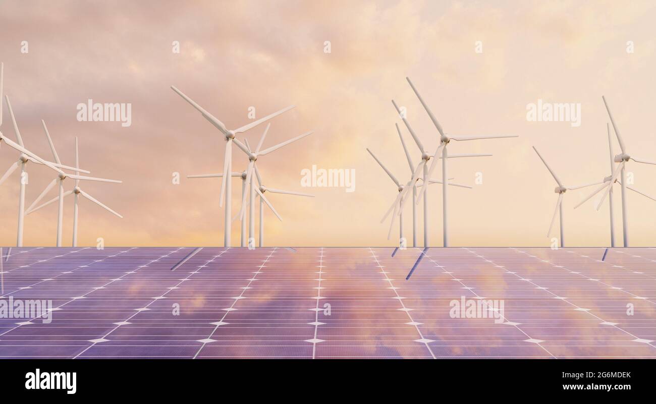 closeup of solar panel with windmills behind in a reflected warm sunset ...