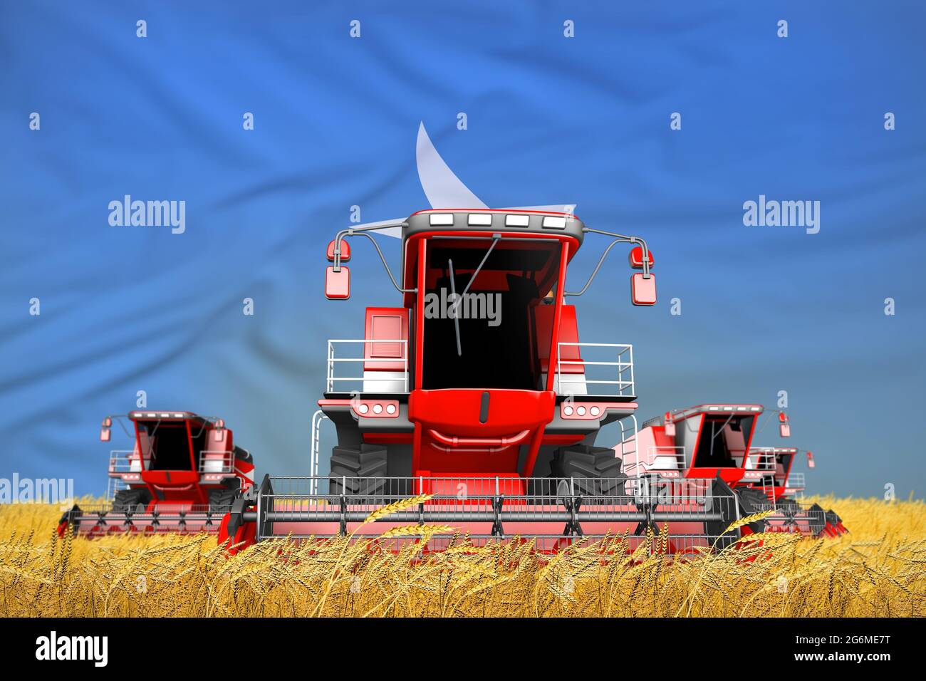 four bright red combine harvesters on rye field with flag background ...