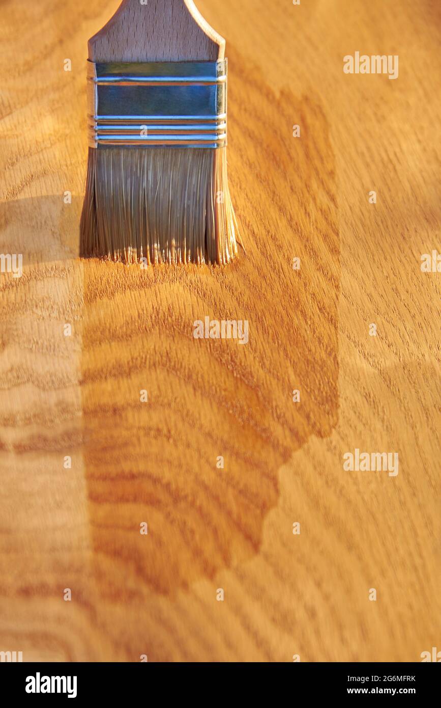 Painting a wooden surface with varnish, a brush on an oak board ...