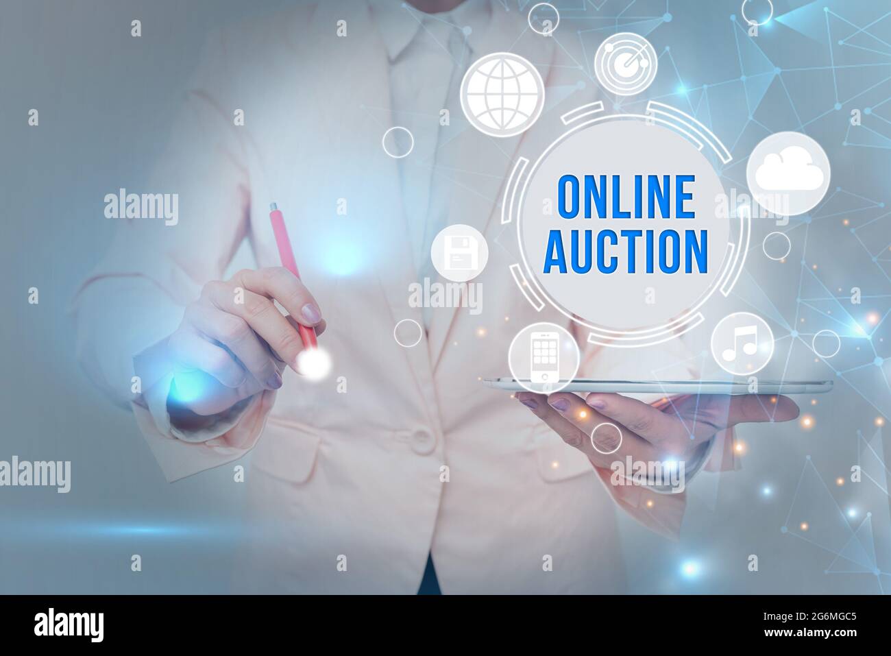Conceptual caption Online Auction. Business showcase digitized sale ...