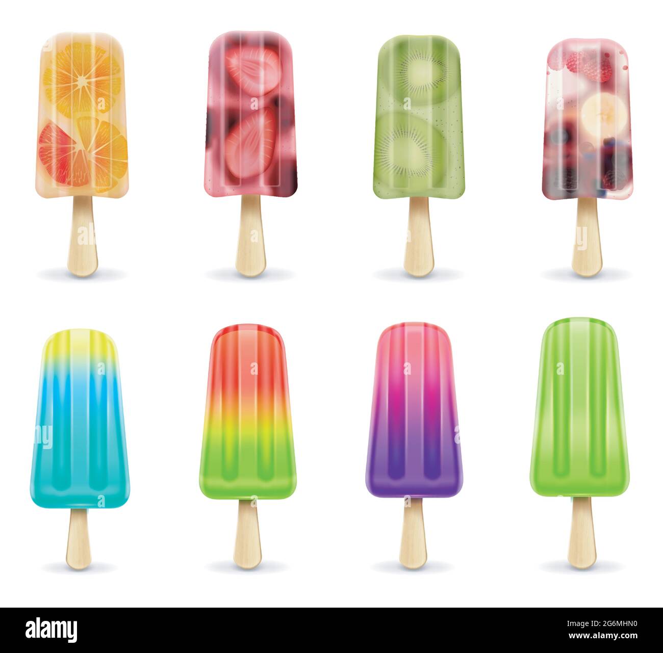 Fruit ice cream in package, lolly on stick, frozen fruity popsicle ...