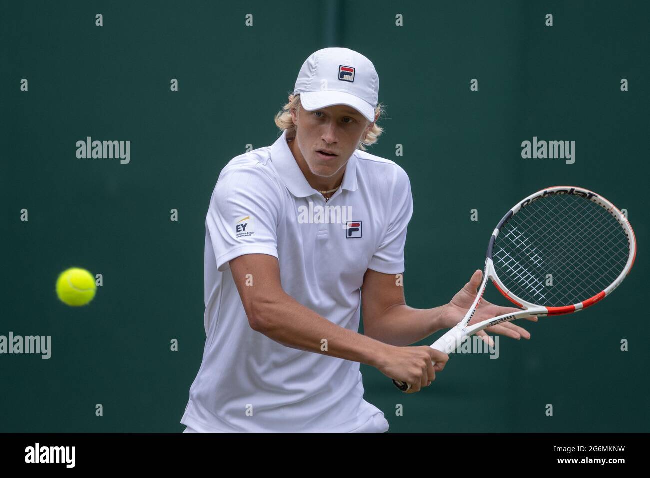 Leo Borg in actions in the first round of the Boys' Doubles on day nine ...
