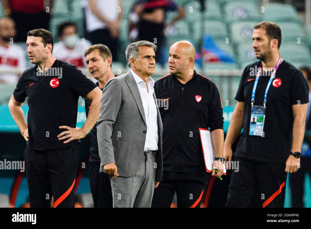 Baku, Azerbaijan. 16th Jun, 2021. Turkey Head Coach Senol Gunes (C ...