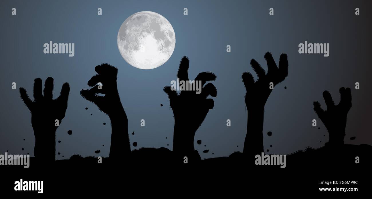 Rise of zombies hand from the ground to yhe moon. Hands on other layer ...