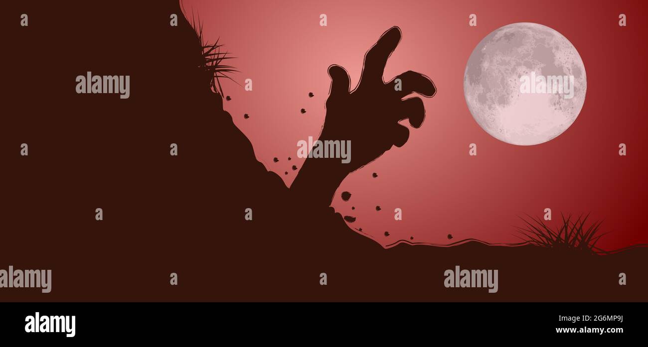 Rise of zombies hand from the ground to yhe moon. Hands on other layer ...