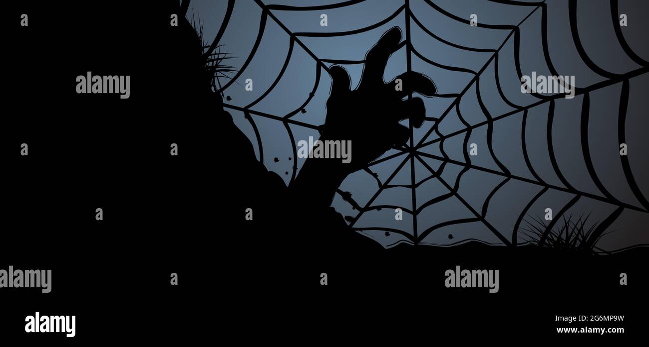 Rise of zombies hand from the ground. Scary cobweb or spider web. Hands ...